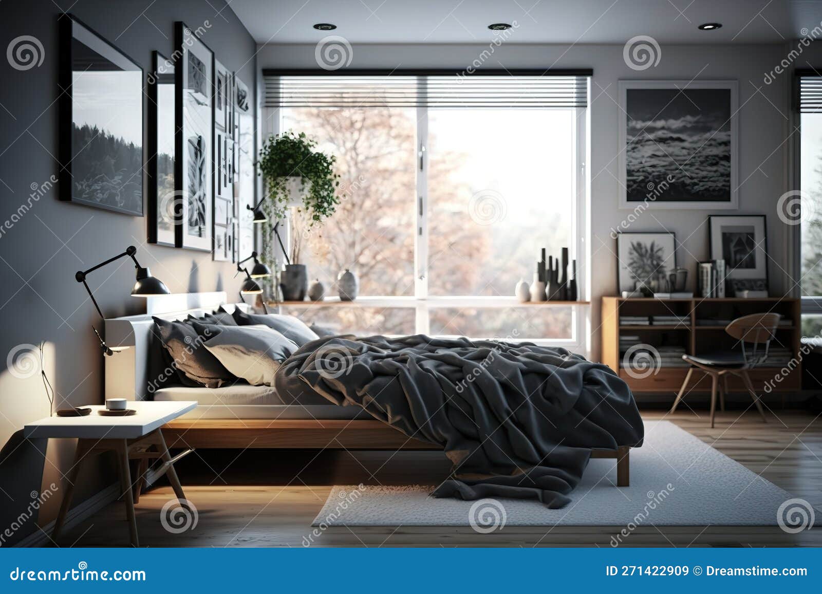 Modern bedroom, render 3d stock illustration. Illustration of interior ...