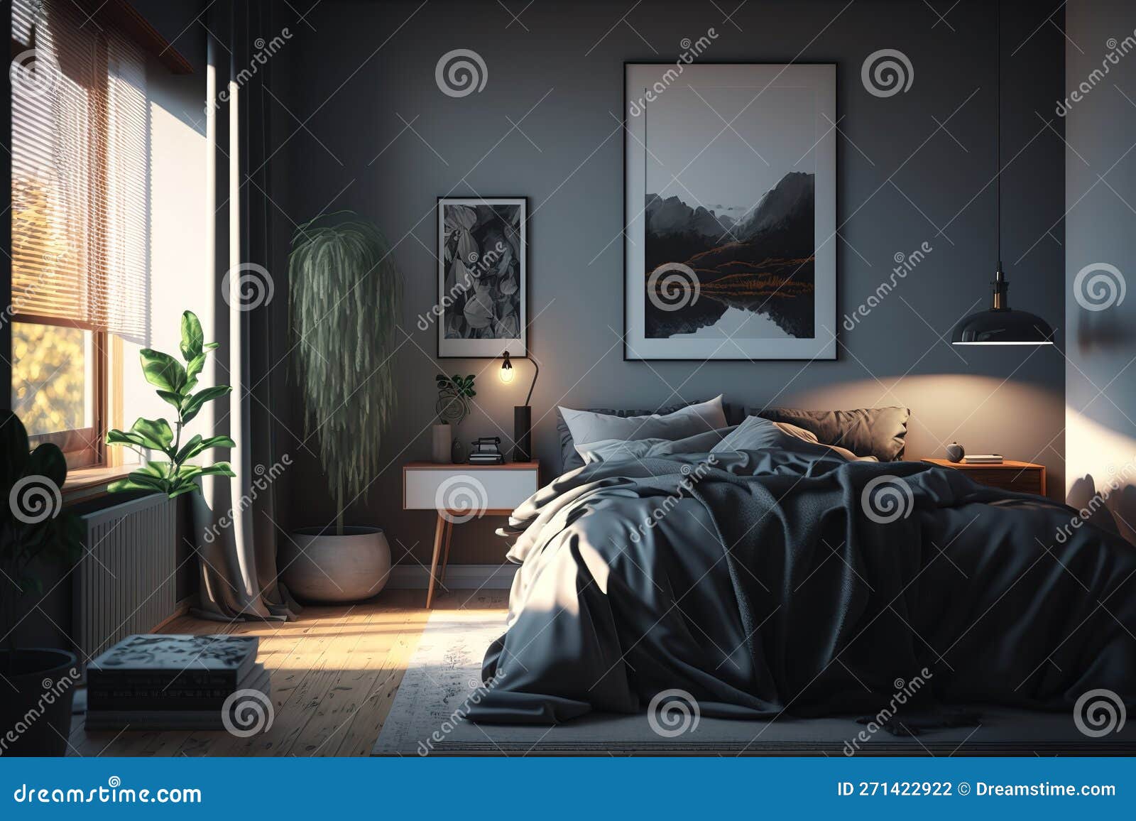 Modern bedroom, render 3d stock illustration. Illustration of indoor ...