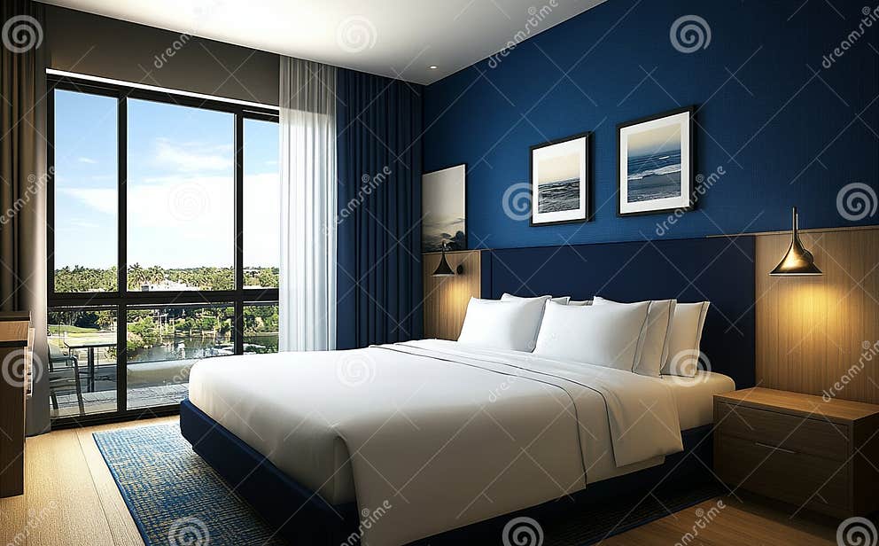 The Modern Bedroom S Interior Design Features a Blue Wall Texture ...