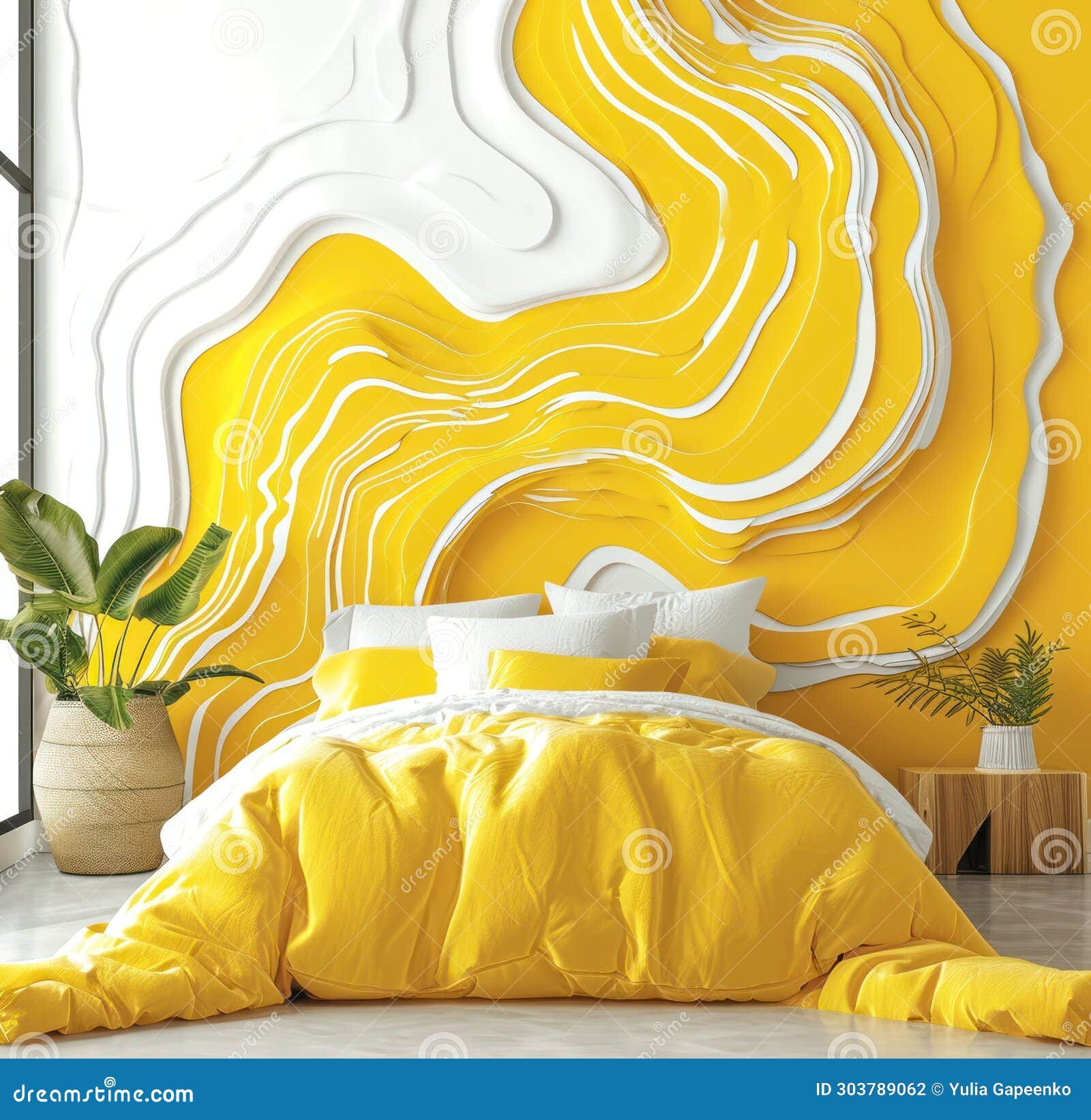 A Modern Bedroom with Yellow and White Abstract Designs Stock ...