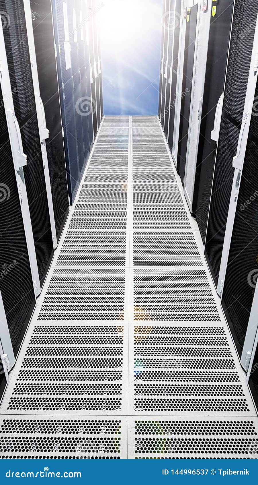 Modern Big Data Server Room Corridor Hallway with High Racks Full of ...