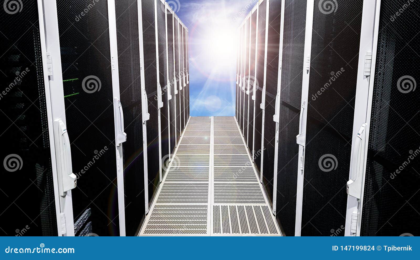 Modern Big Data Server Room Corridor Hallway with High Racks Full of ...