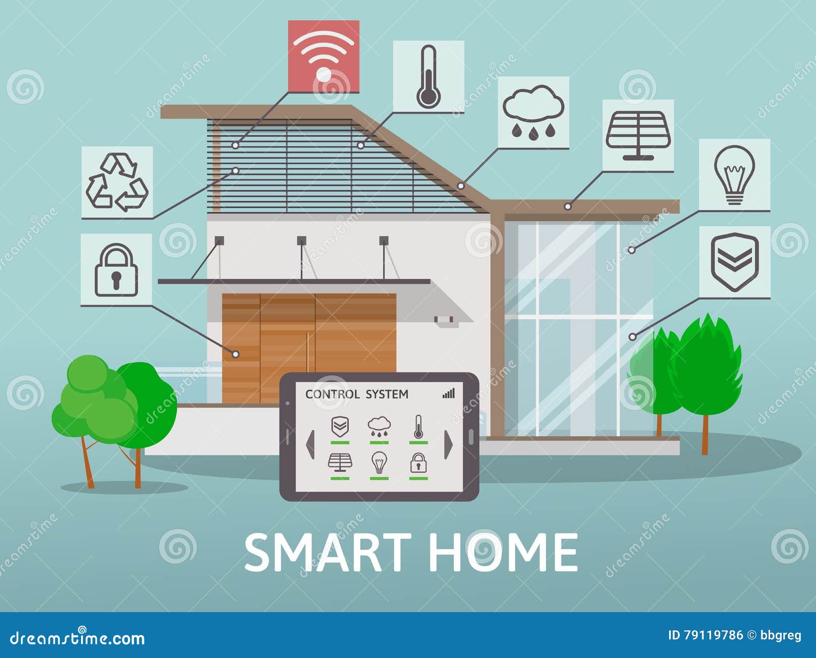 Modern Big Smart Home with Terrace. Flat Design Style Concept ...