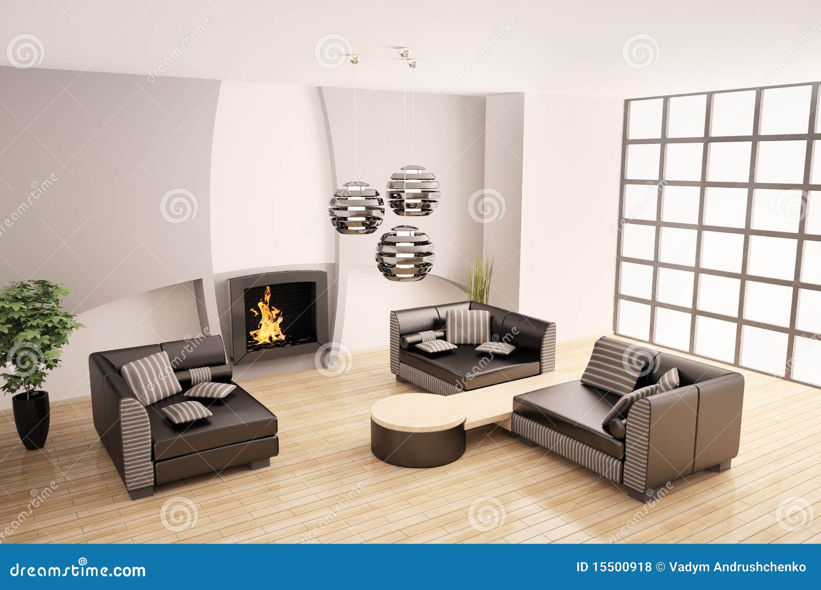 Modern Binnenland Met 3d Open Haard Stock Illustratie - Illustration of ...