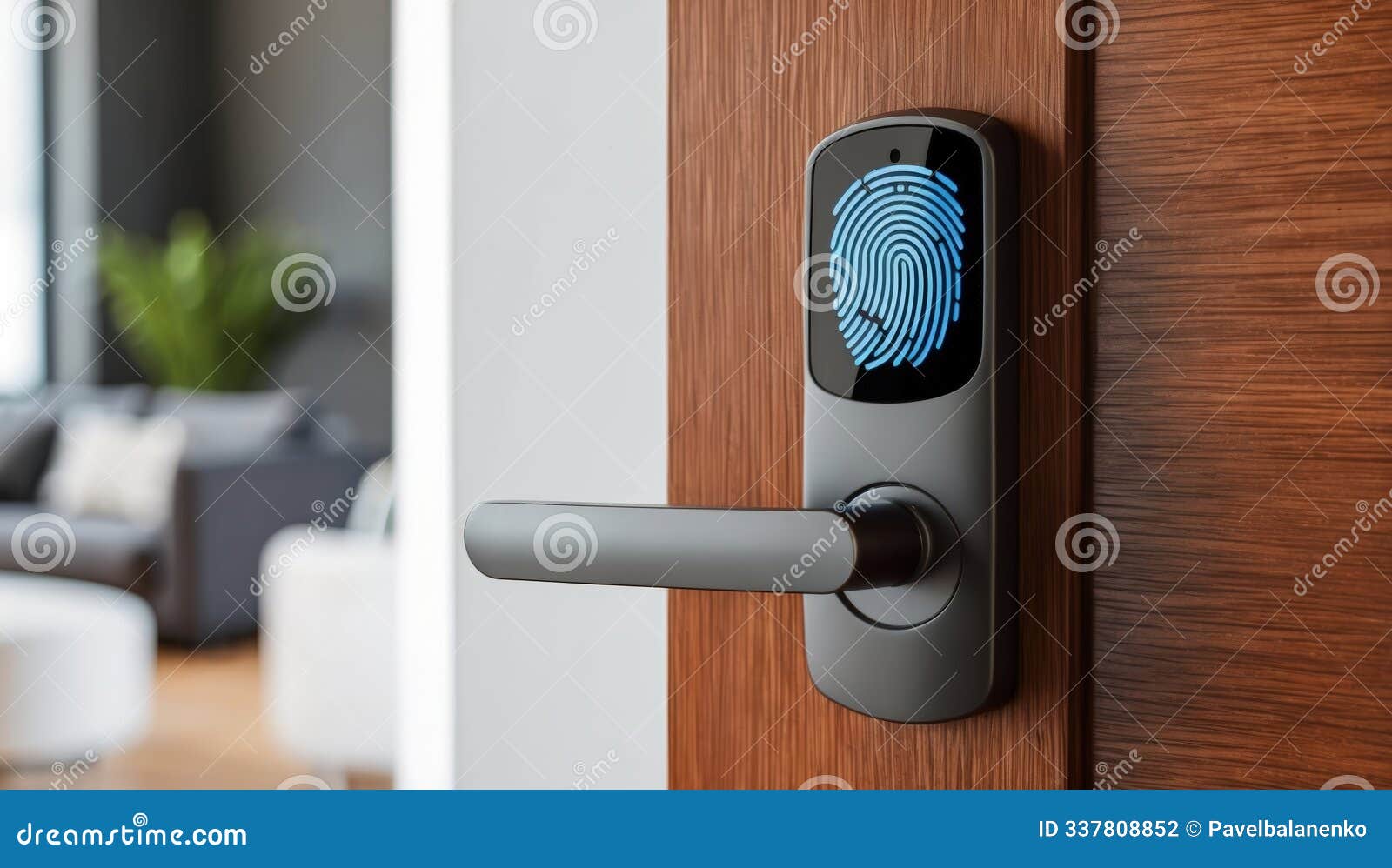 Modern Biometric Fingerprint Scanner on a Wooden Door, Symbolizing ...
