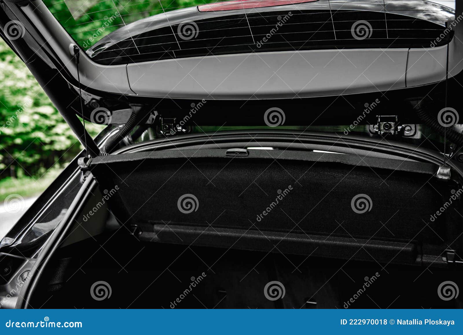 Modern Black Car with Open Trunk Door on Road. Stock Photo - Image of ...