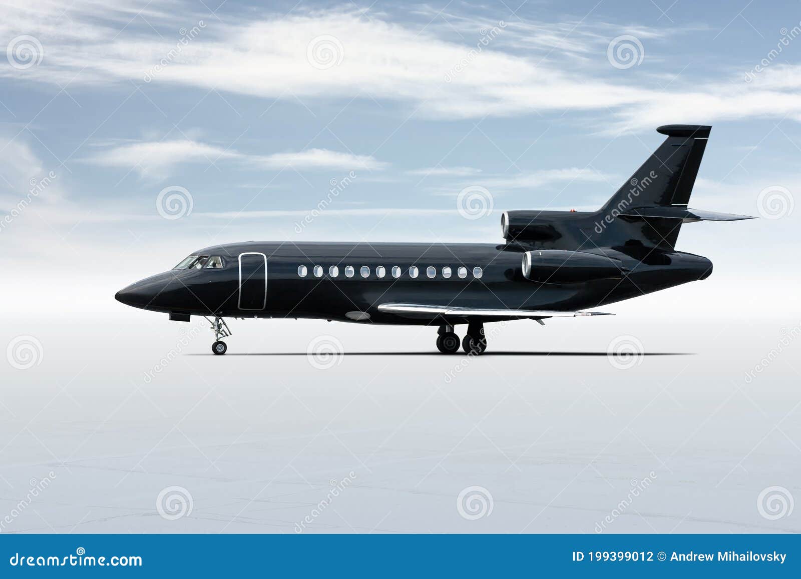 Modern Black Business Jet Isolated on Light Background with Sky Stock ...