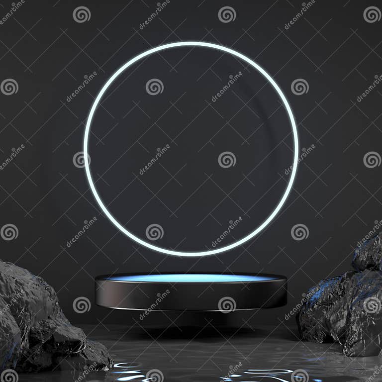 Modern Black Display Float on Water Ripple with Neon Light Glow ...