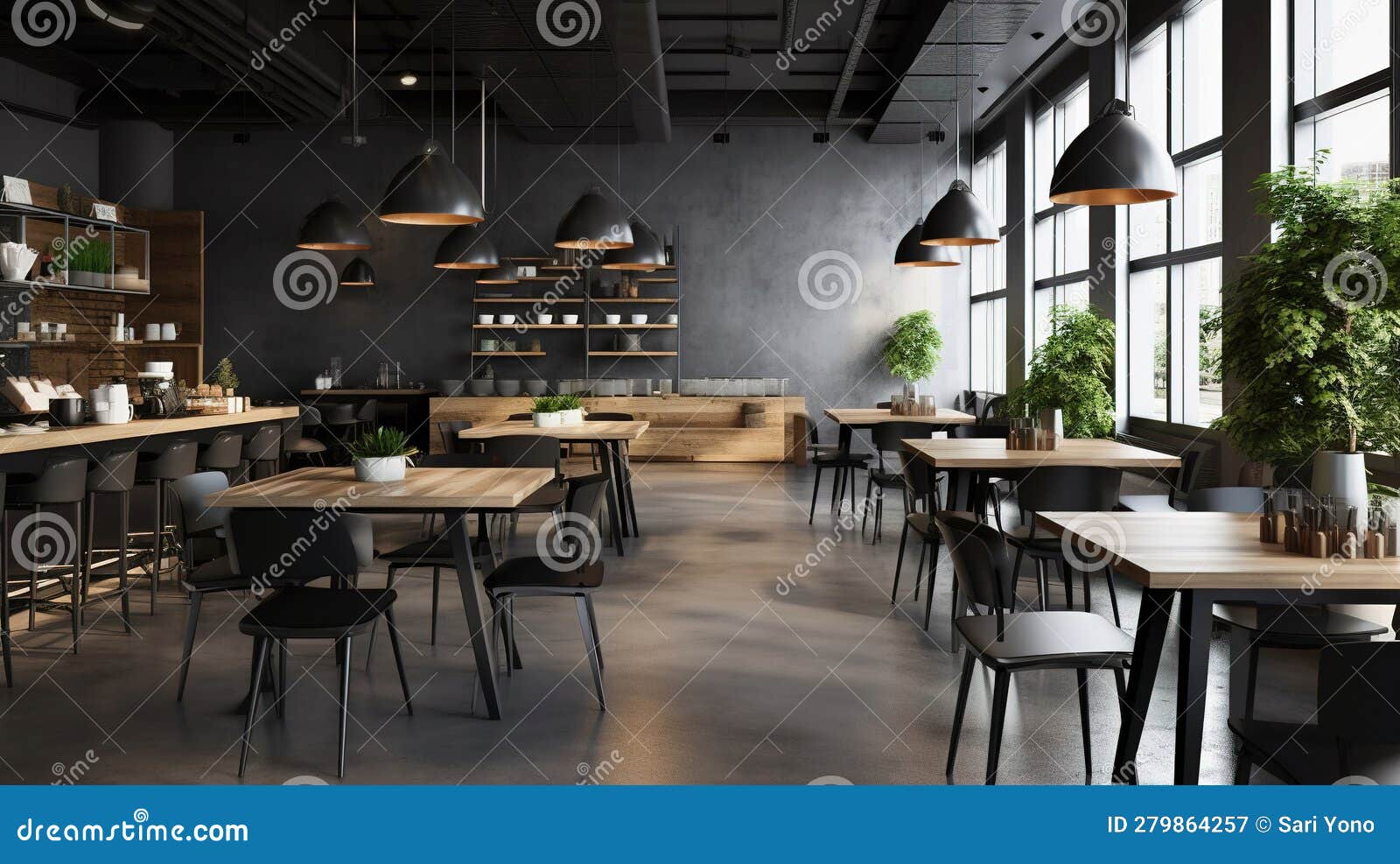 Modern Black and Gray Cafe Interior with Rectangular Sign, Wooden ...