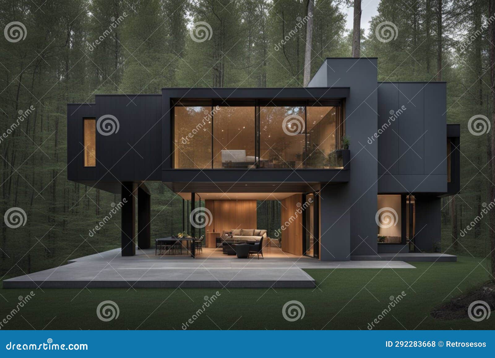Modern Black House in a Forest Architectural Render, Sunset Gold Light ...