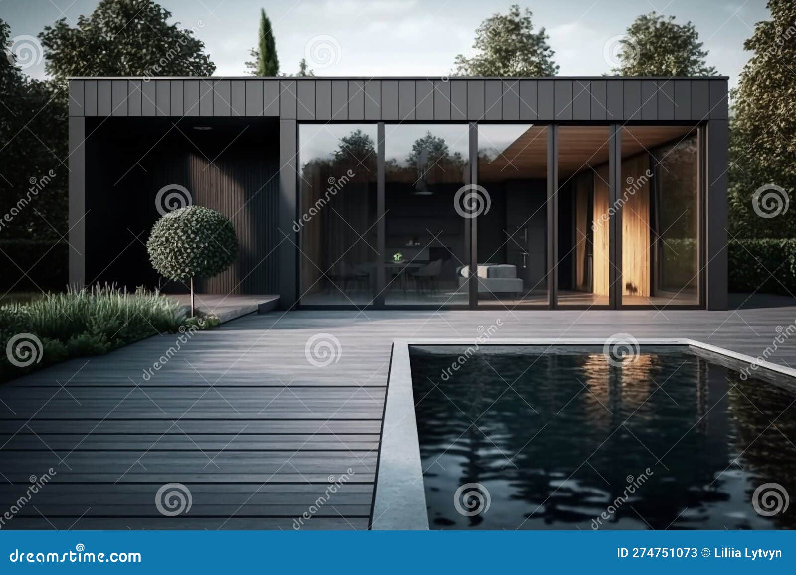Modern Black House with Swimming Pool and Terrace in Forest, Generative ...