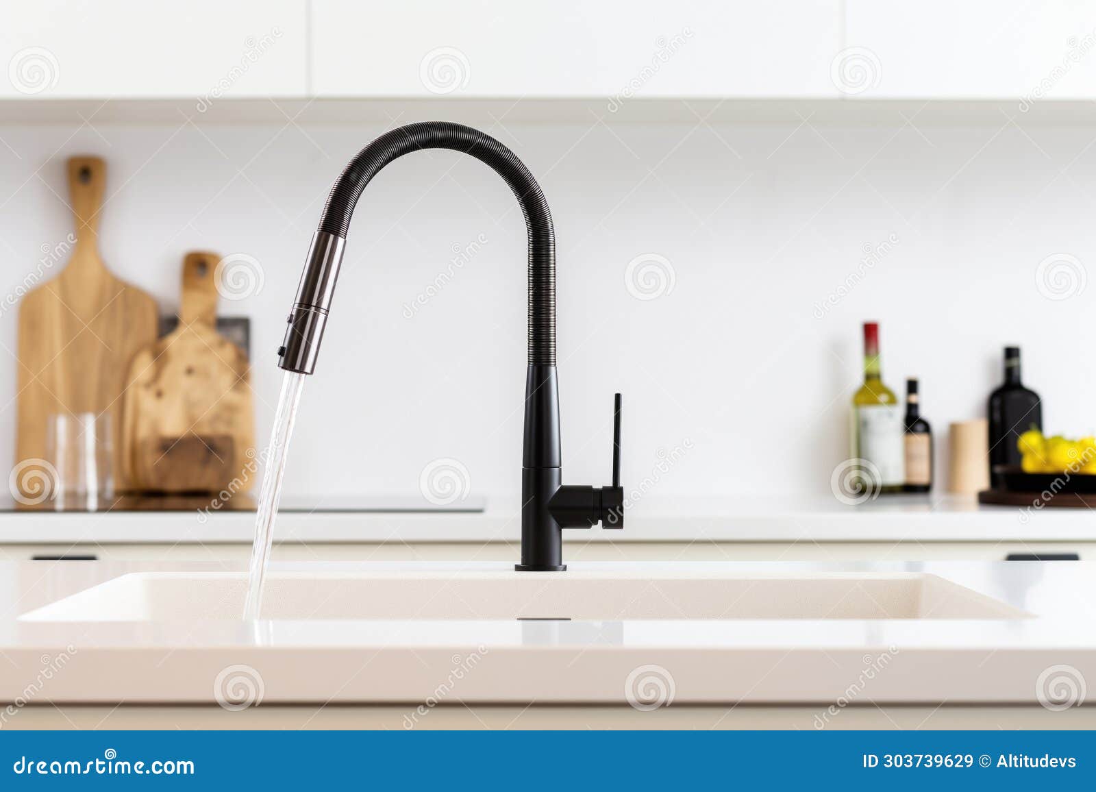 Modern Black Kitchen Tap Over a White Basin with Clean Backdrop Stock ...