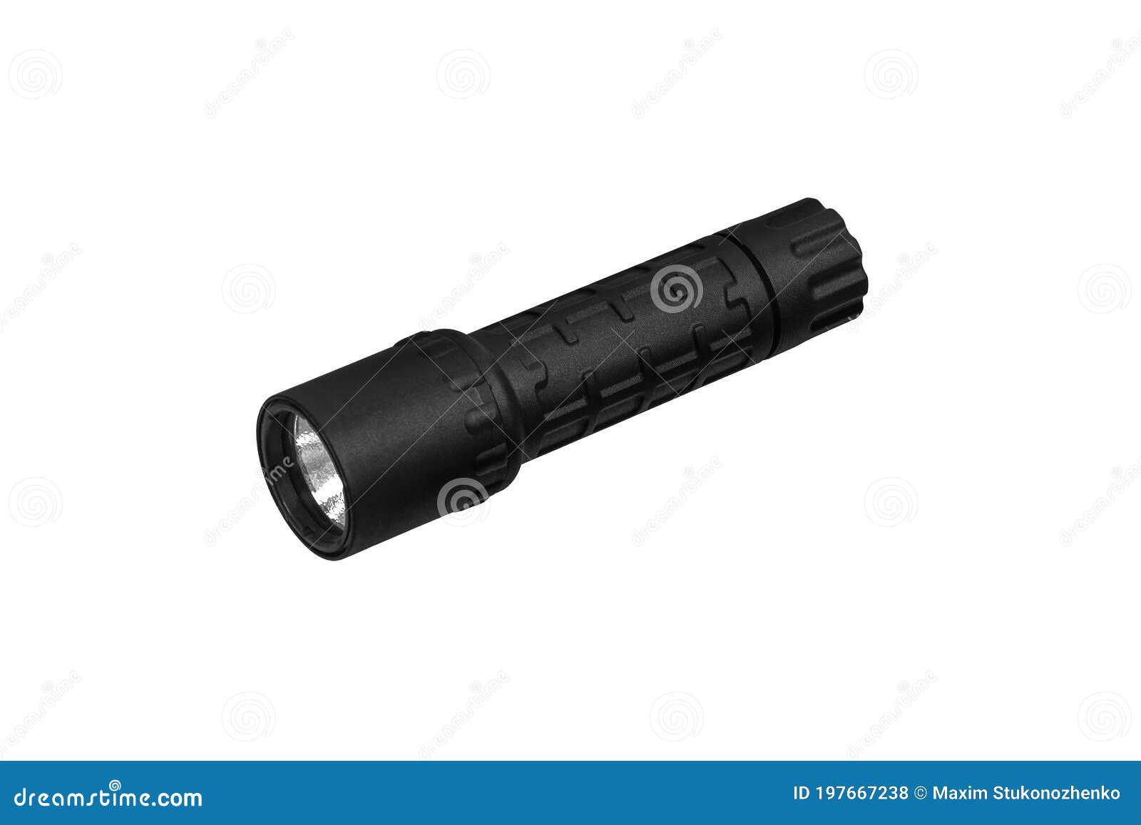 Modern Black Metal Flashlight Isolated on White Stock Photo - Image of ...