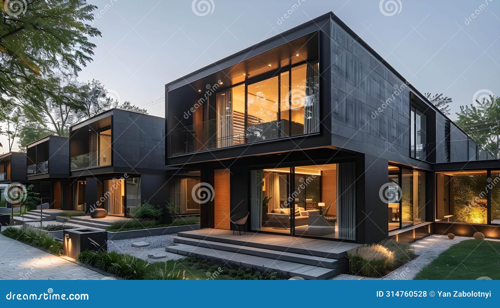 Modern Black Modular Homes at Twilight. Concept Architecture, Design ...