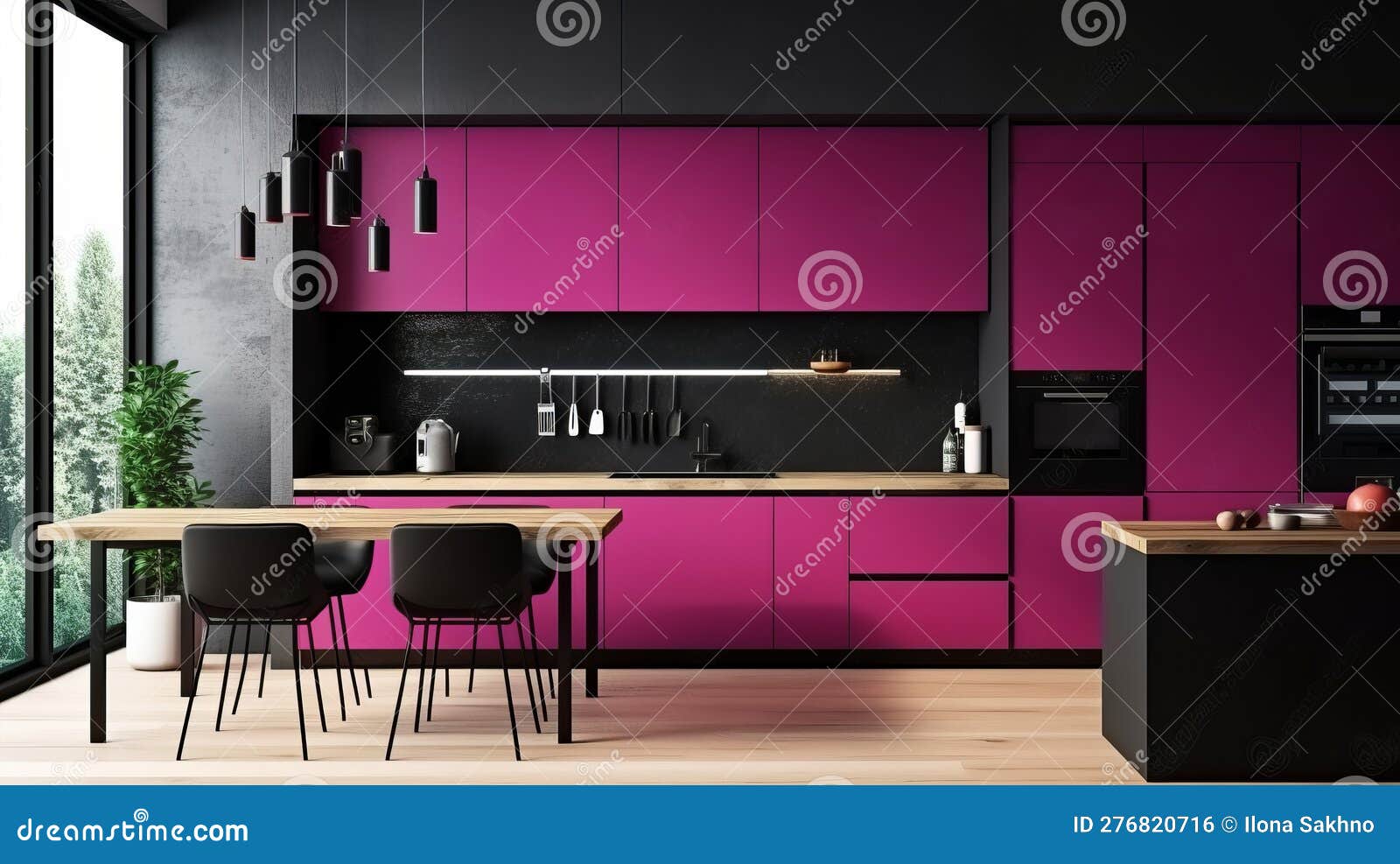 Modern Black and Pink Kitchen Stock Illustration - Illustration of ...