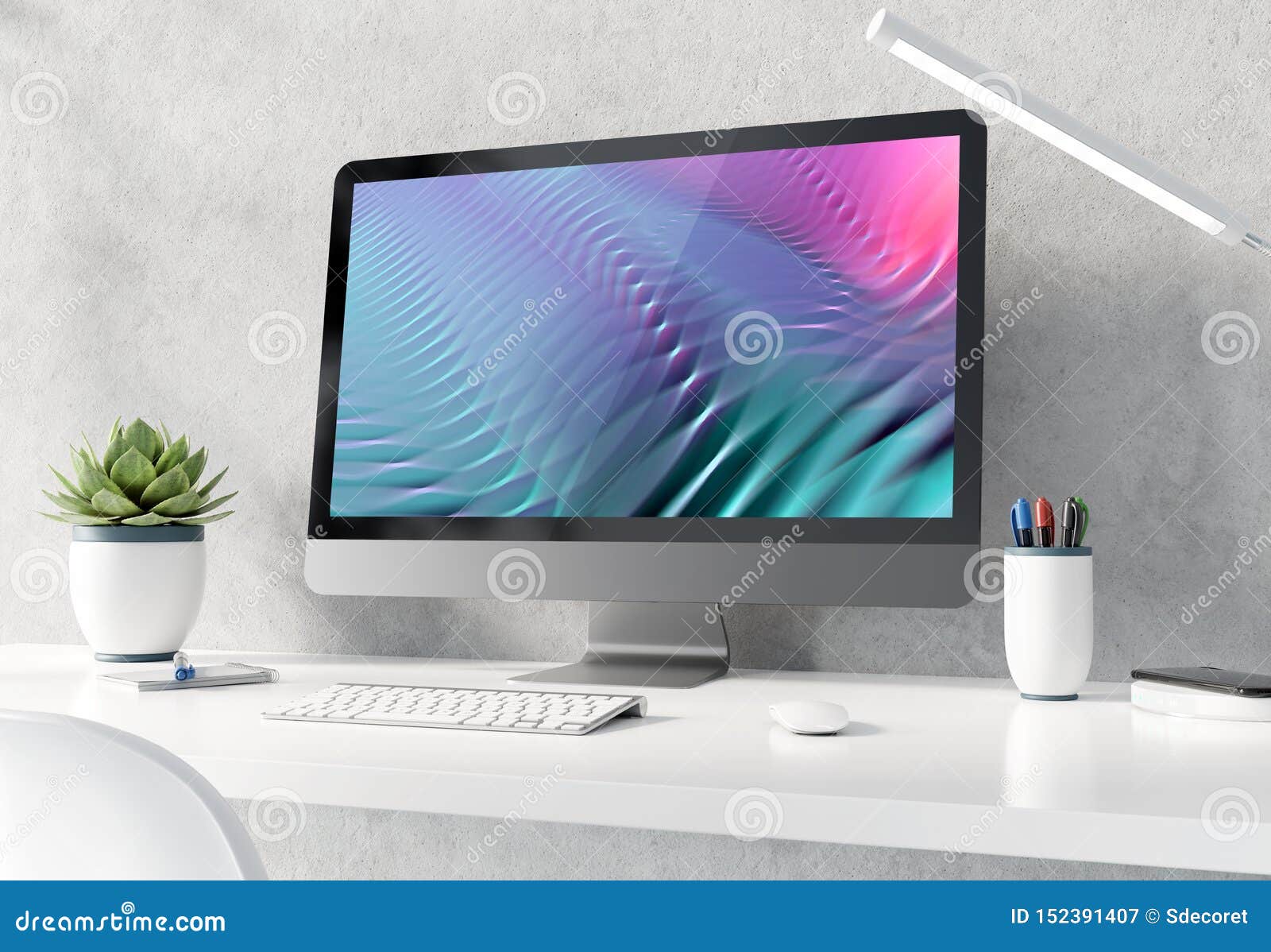 Modern Black and Silver Computer on White Desktop and Concrete Interior ...