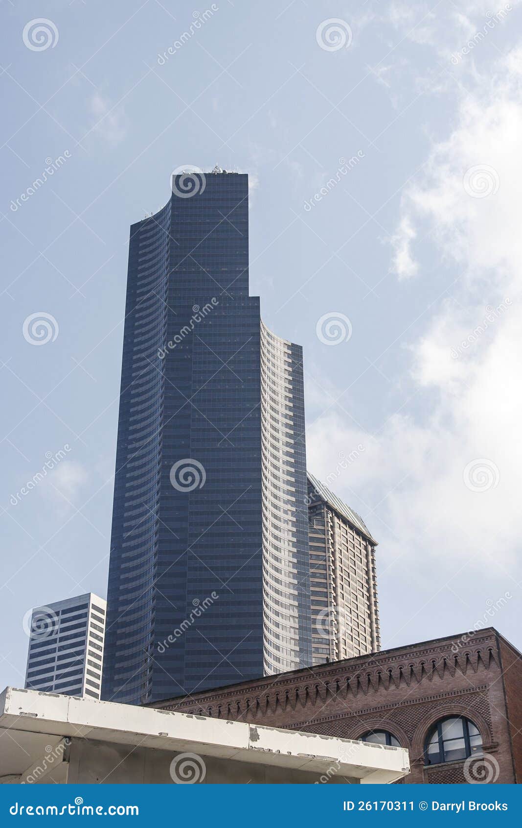 Modern Black Tower Beyond Old Buildings Stock Image - Image of seattle ...