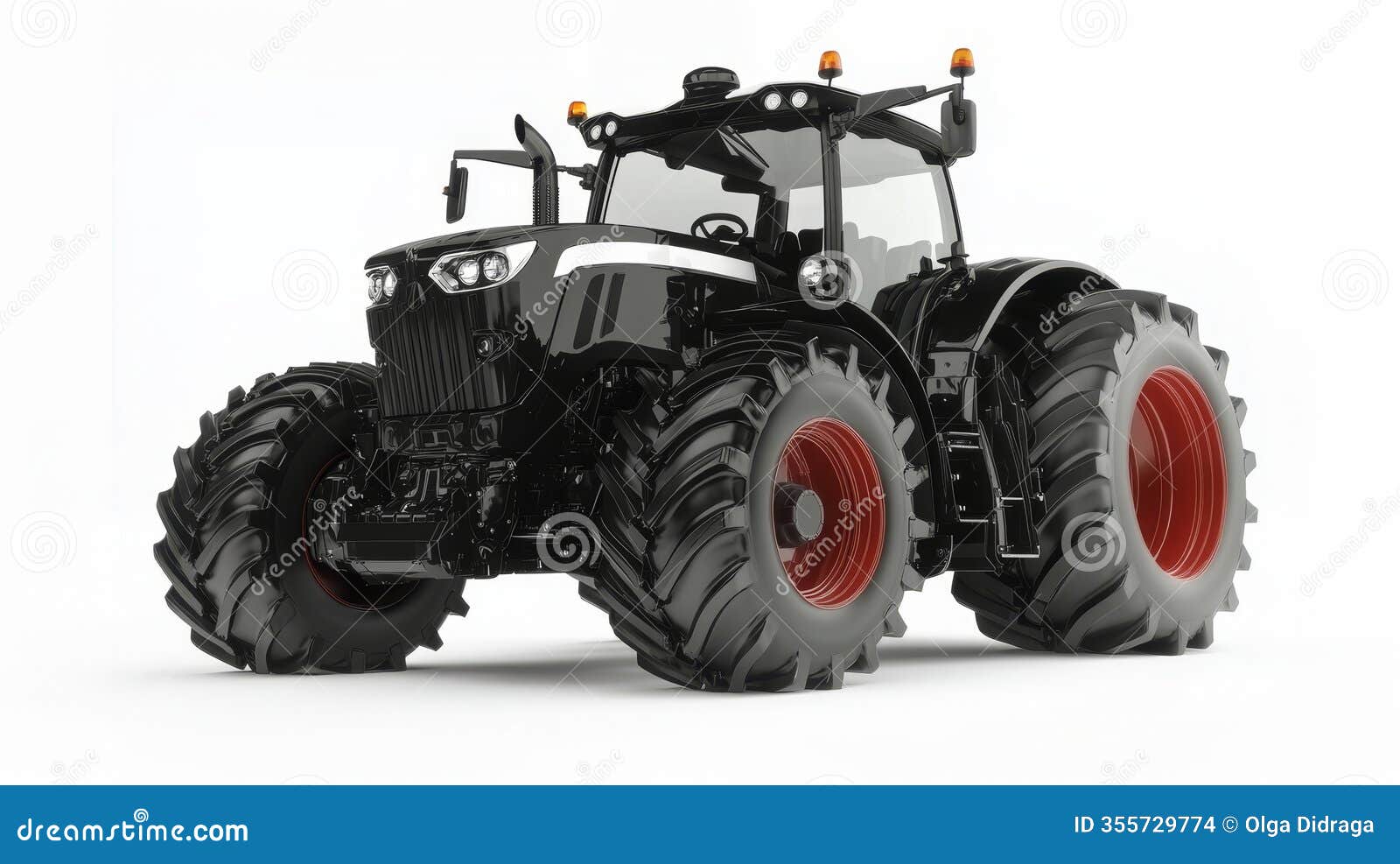Modern Black Tractor with Large Wheels and Orange Lights on White ...