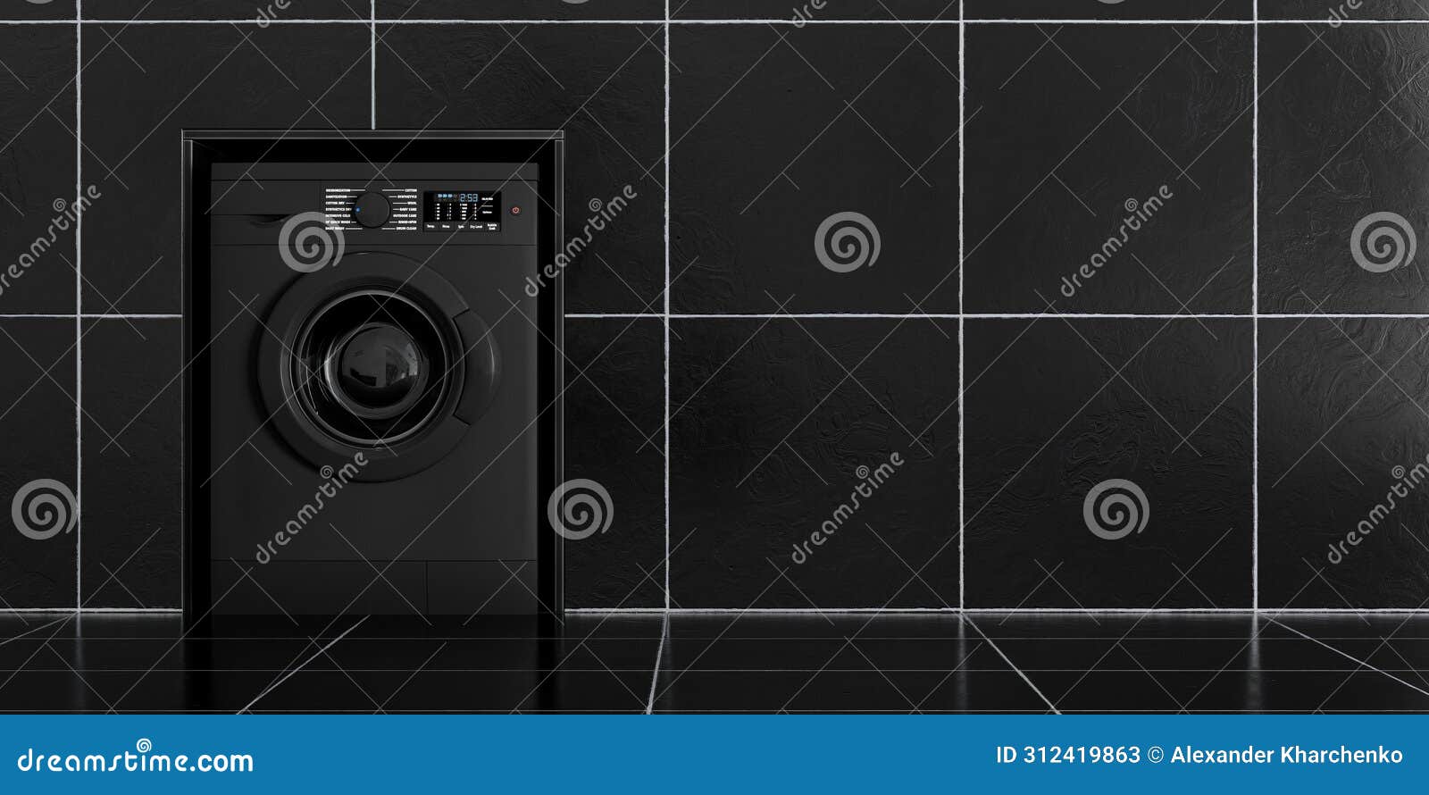 Modern Black Washing Machine in Bathroom with Black Tiles. 3d Rendering ...