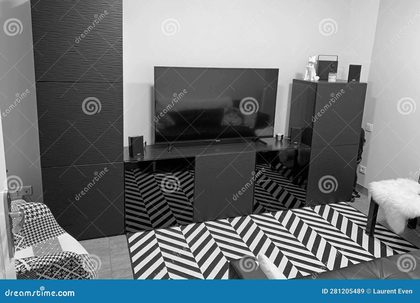 Modern Black and White TV Lounge Stock Image - Image of iron ...