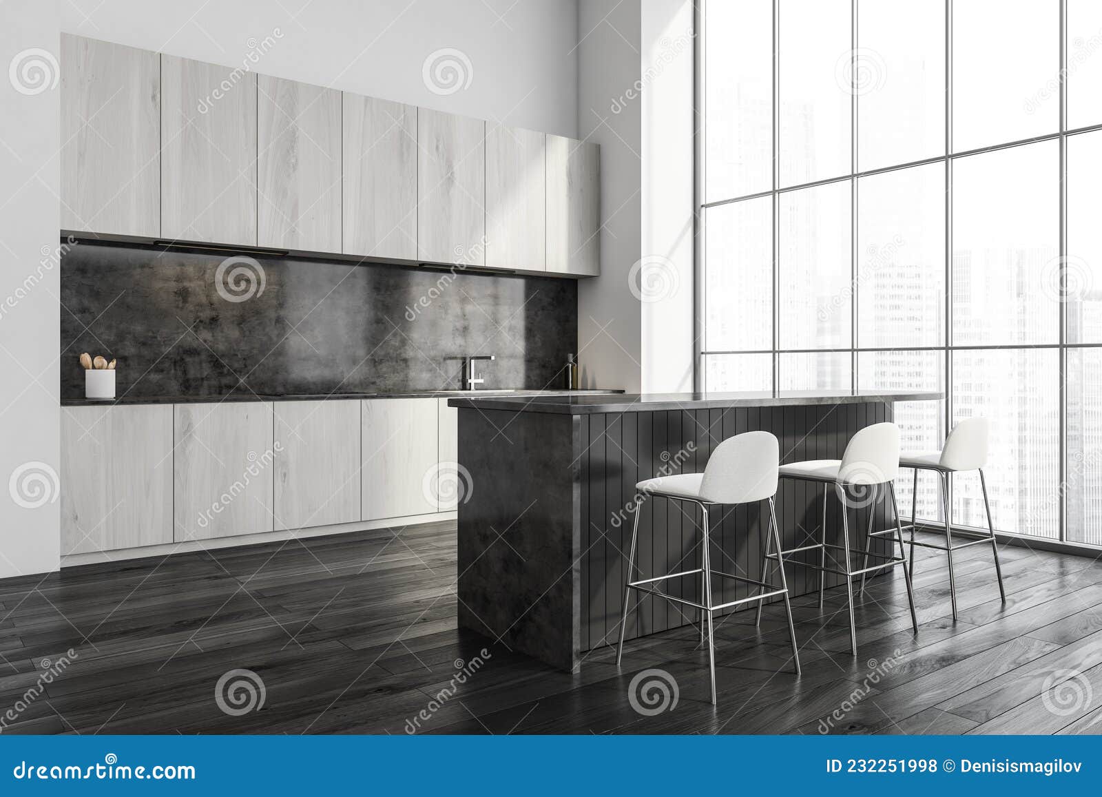 Modern Black and White Wood Kitchen. Corner View Stock Illustration ...