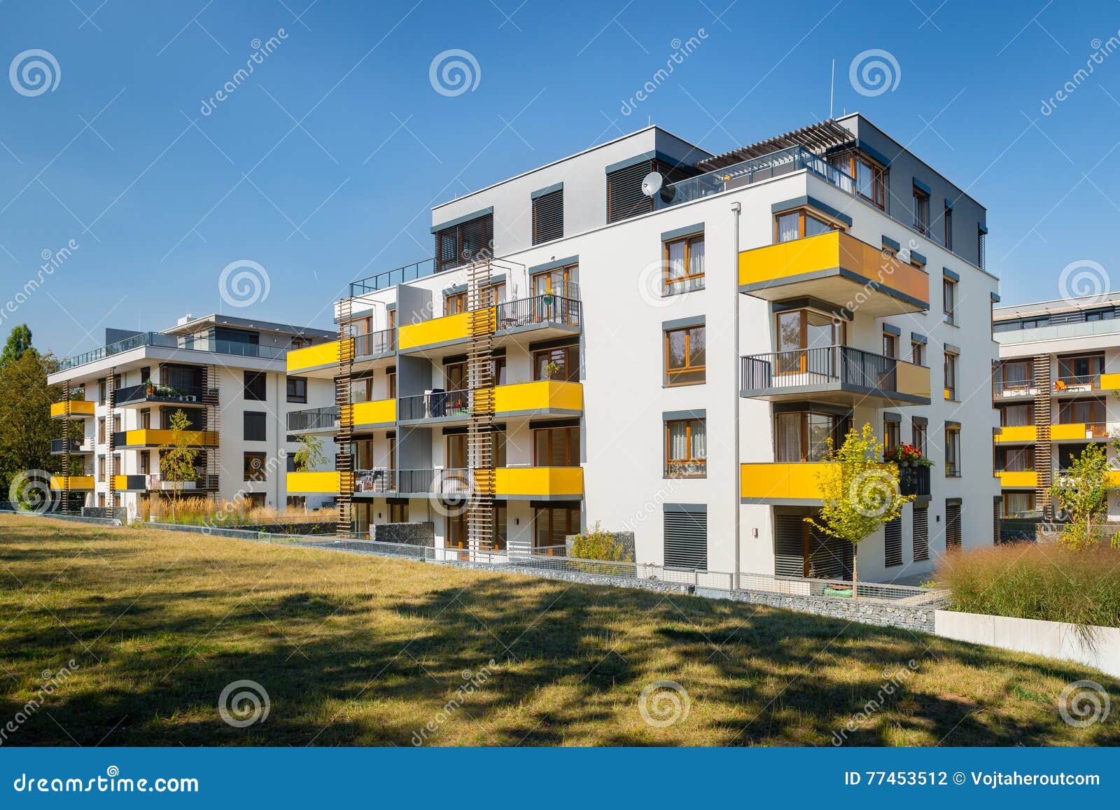 Modern Block of Flats with Yellow Balconies Stock Photo - Image of ...