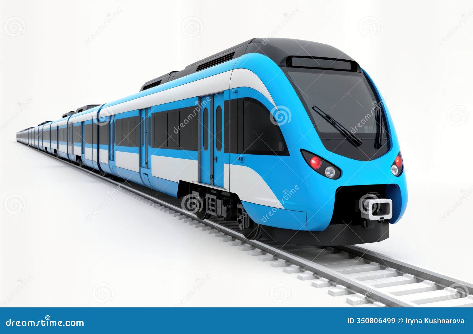 Modern Blue Commuter Train Glides on Tracks. Empty Train on White ...