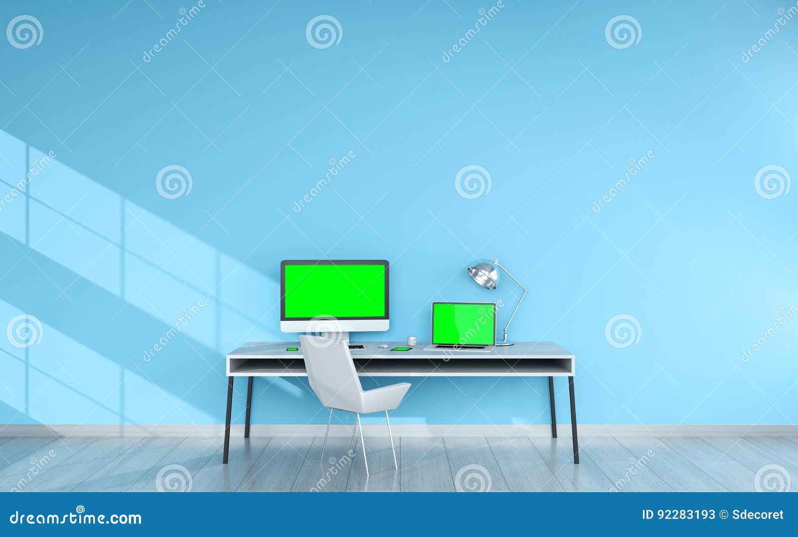 Modern Blue Desktop Interior with Devices 3D Rendering Stock ...