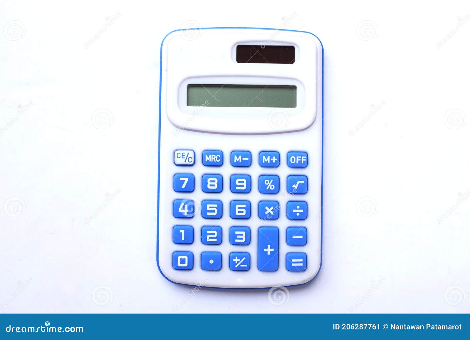 Close Up Modern Blue Digital Calculator is on a White Background. Stock ...