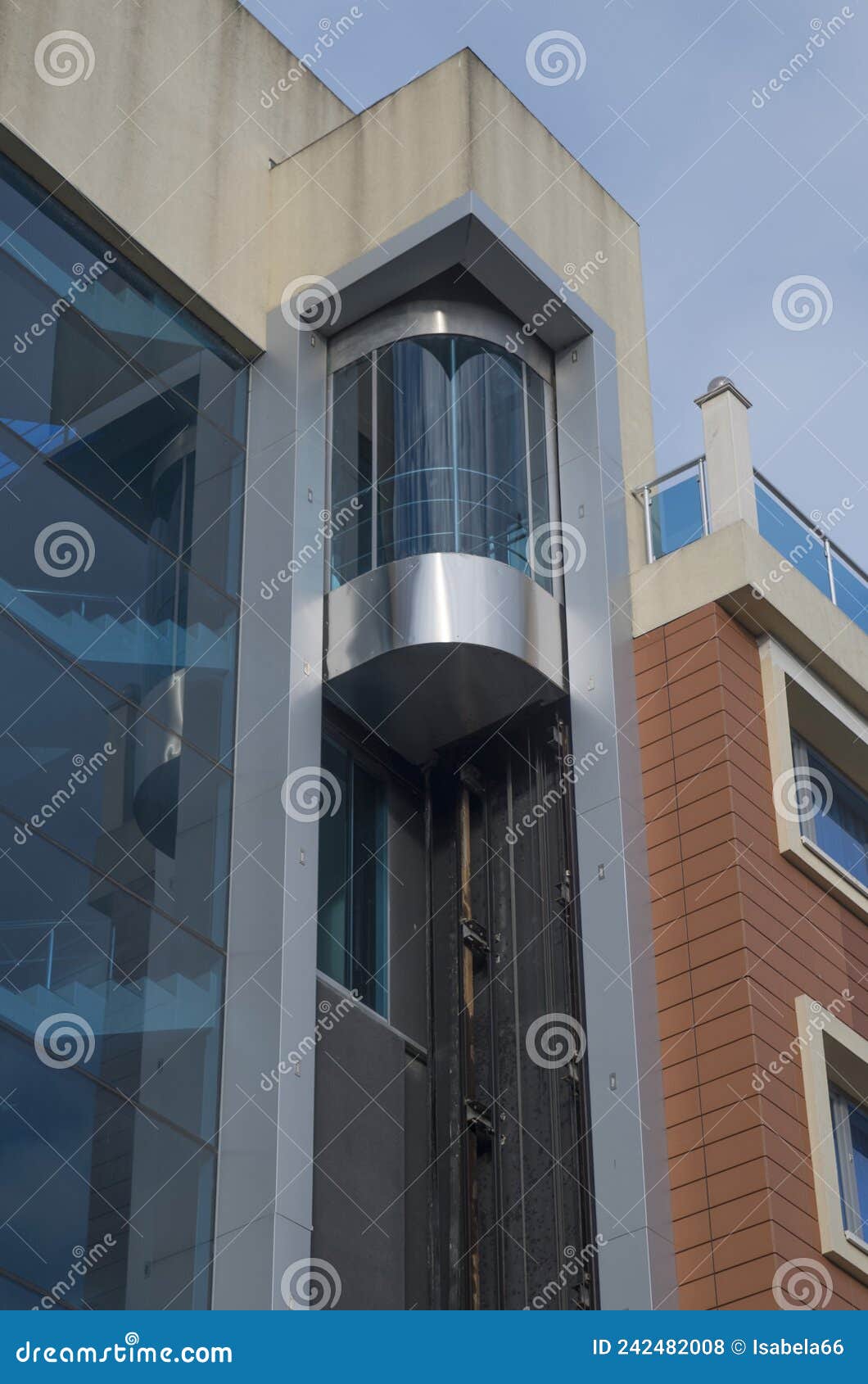 Modern Blue External Glass Elevator Close Stock Photo - Image of lift ...