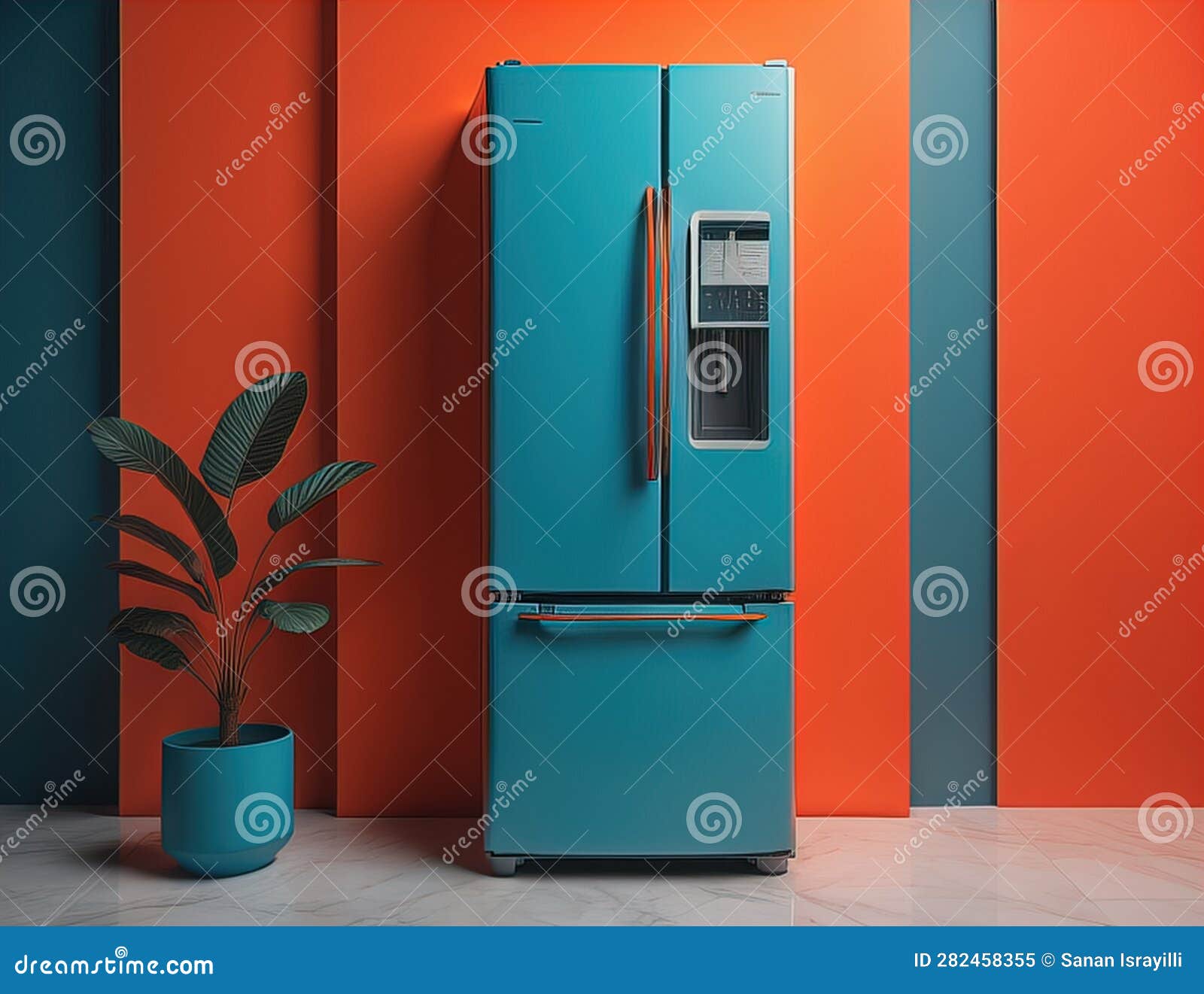 Modern Blue Fridge Standing in Front of Orange Wall. Generative Ai ...