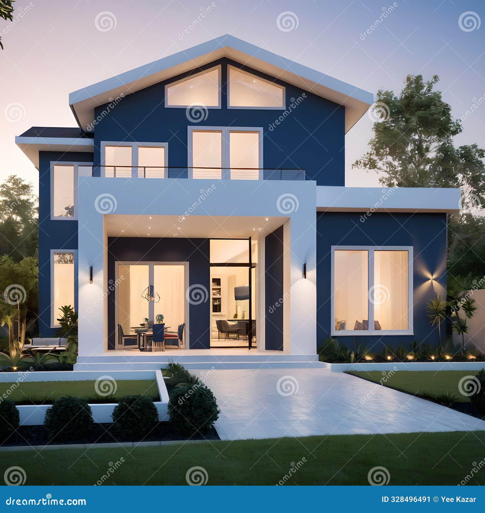 Modern Blue House with Patio. Stock Illustration - Illustration of home ...
