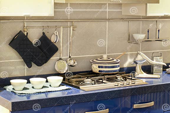 Modern Blue Kitchen Counter Stock Photo - Image of decor, gray: 5412654