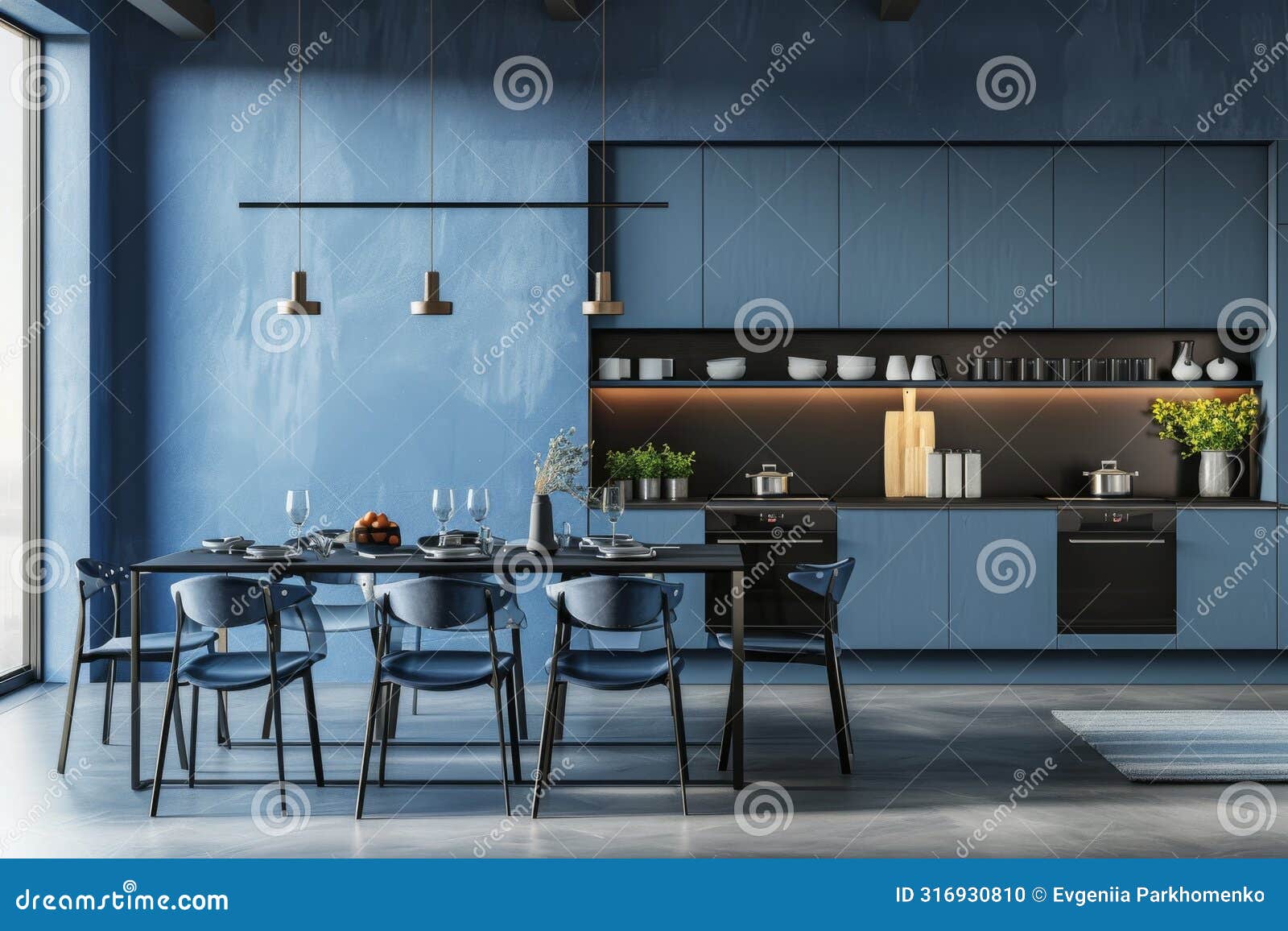 Modern Blue Kitchen Interior with Elegant Dining Setup and Designer ...