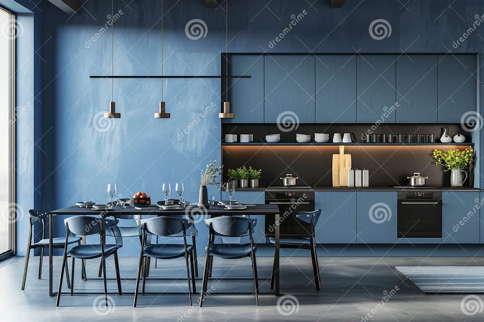 Modern Blue Kitchen Interior with Elegant Dining Setup and Designer ...