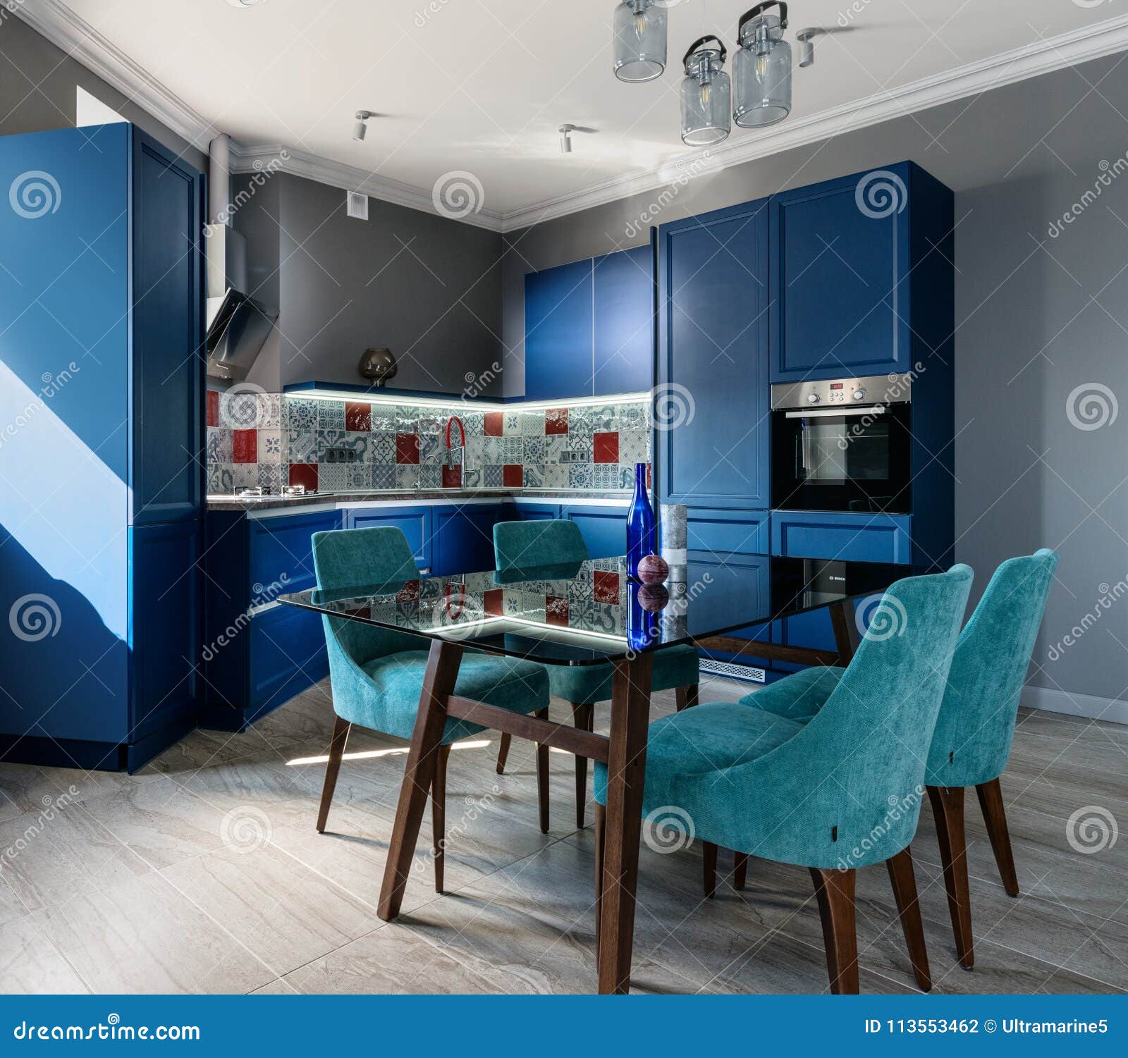 Modern blue kitchen stock photo. Image of estate, home - 113553462