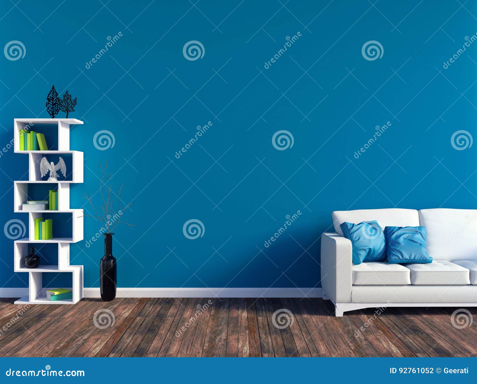 Modern Blue Living Room Interior - White Leather Sofa and Blue Wall ...