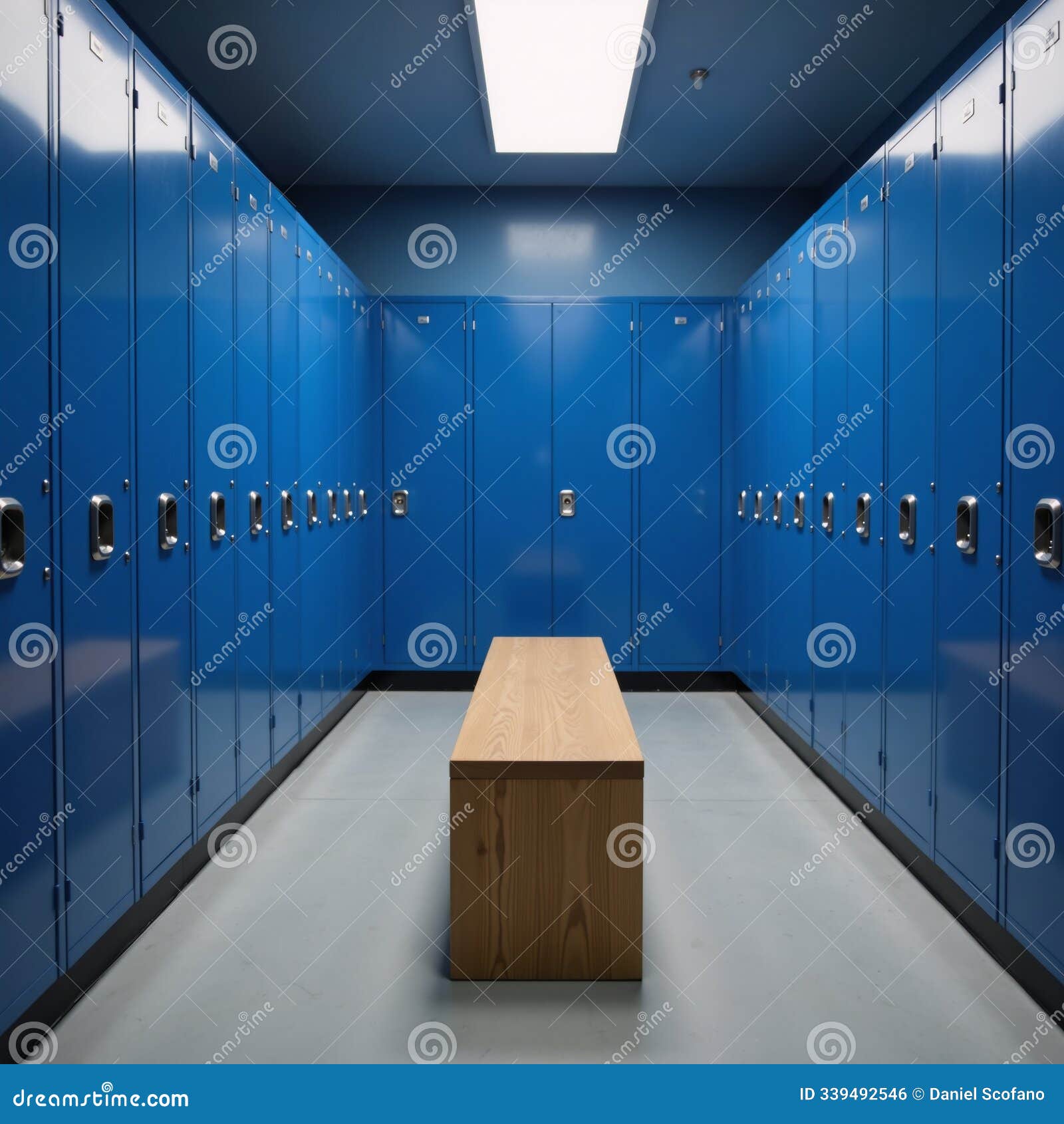 Modern Blue Locker Room Featuring Wood Bench Under Bright Lights Stock ...