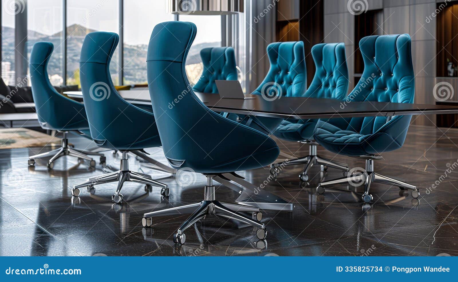 Modern Blue Office Chairs Surrounding a Sleek Conference Table Stock ...