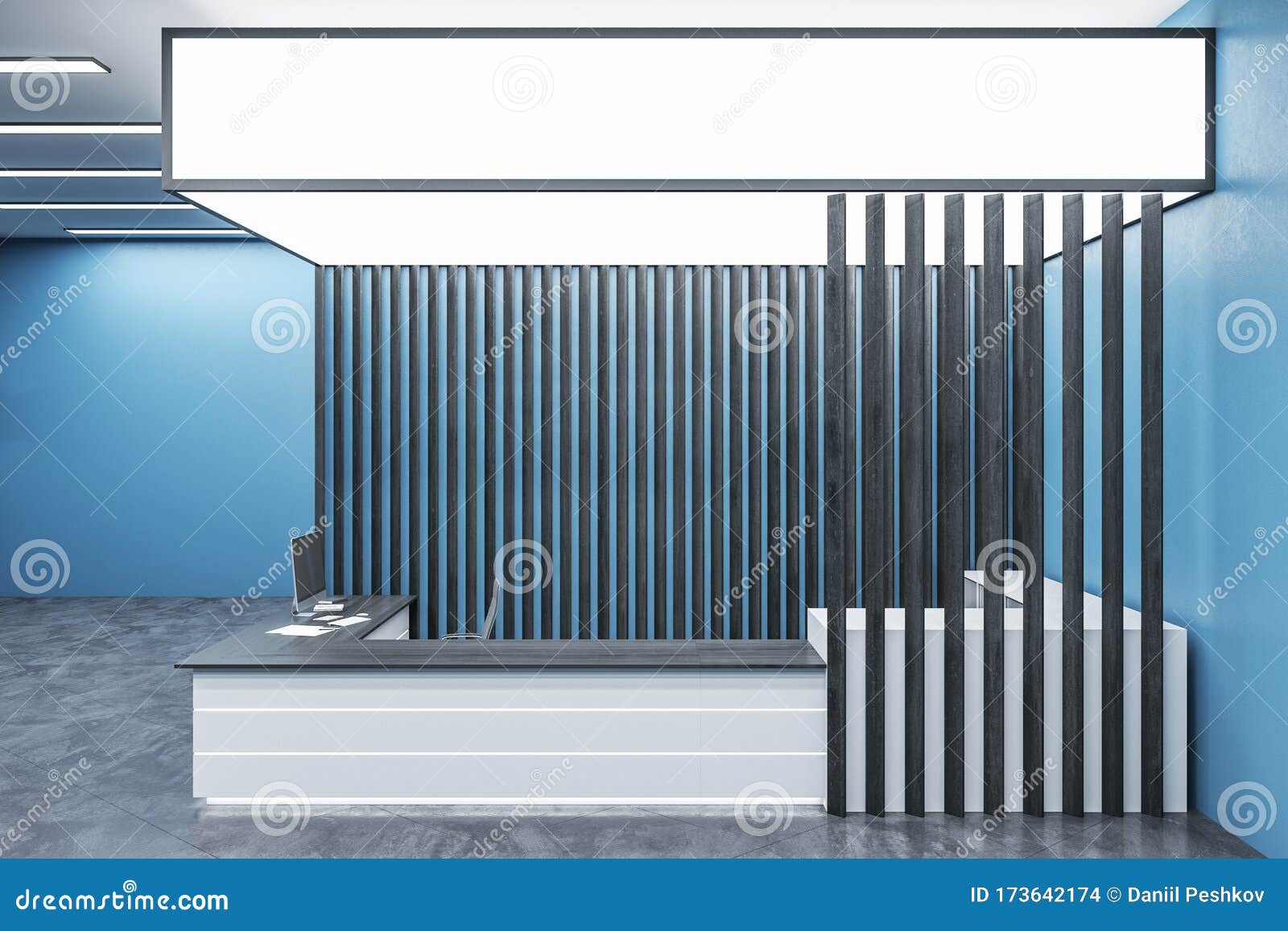 Modern Blue Office Lobby Interior with Copy Space on Wall Stock ...