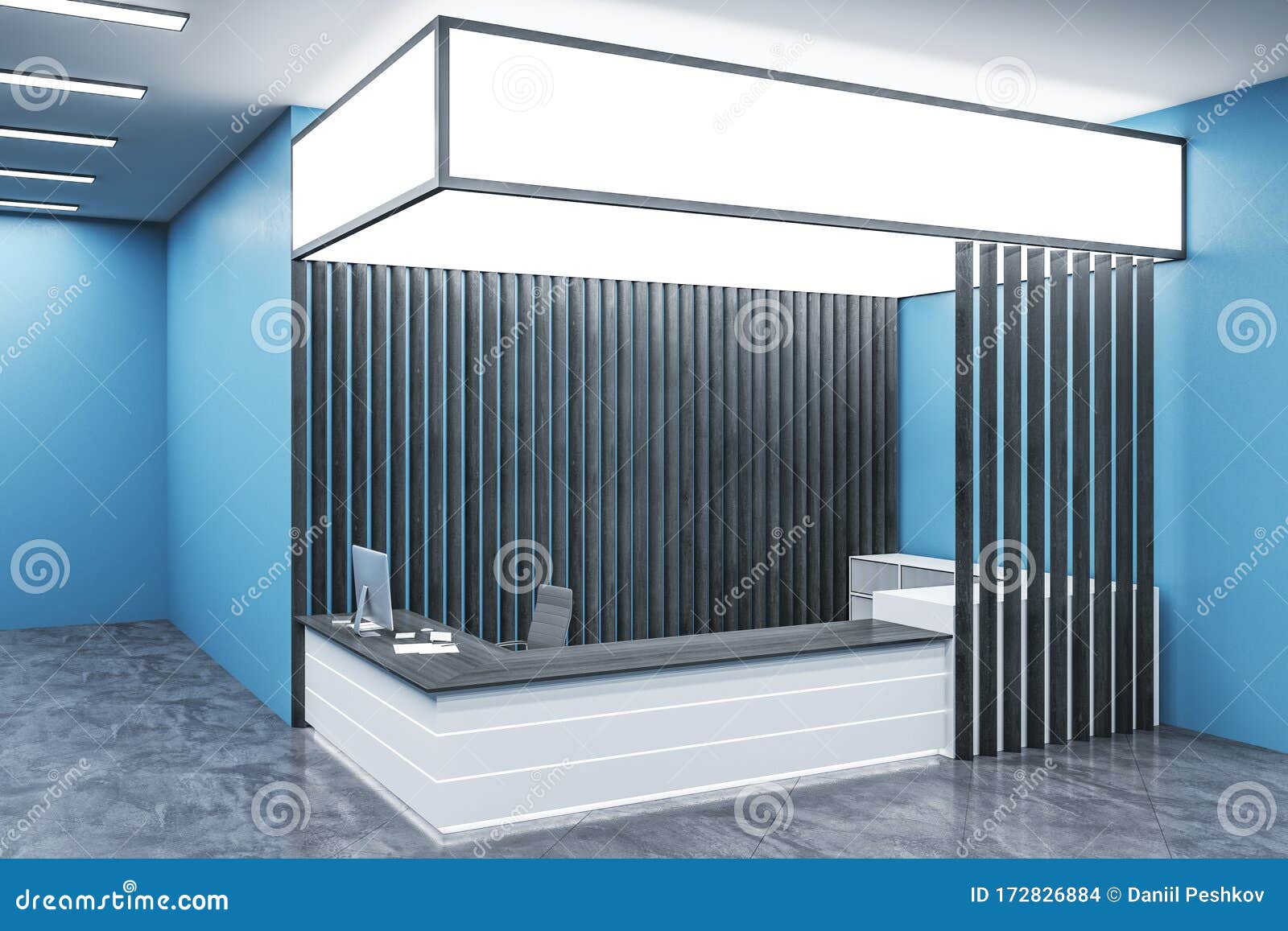 Modern Blue Office Lobby Interior with Reception Desk Stock ...