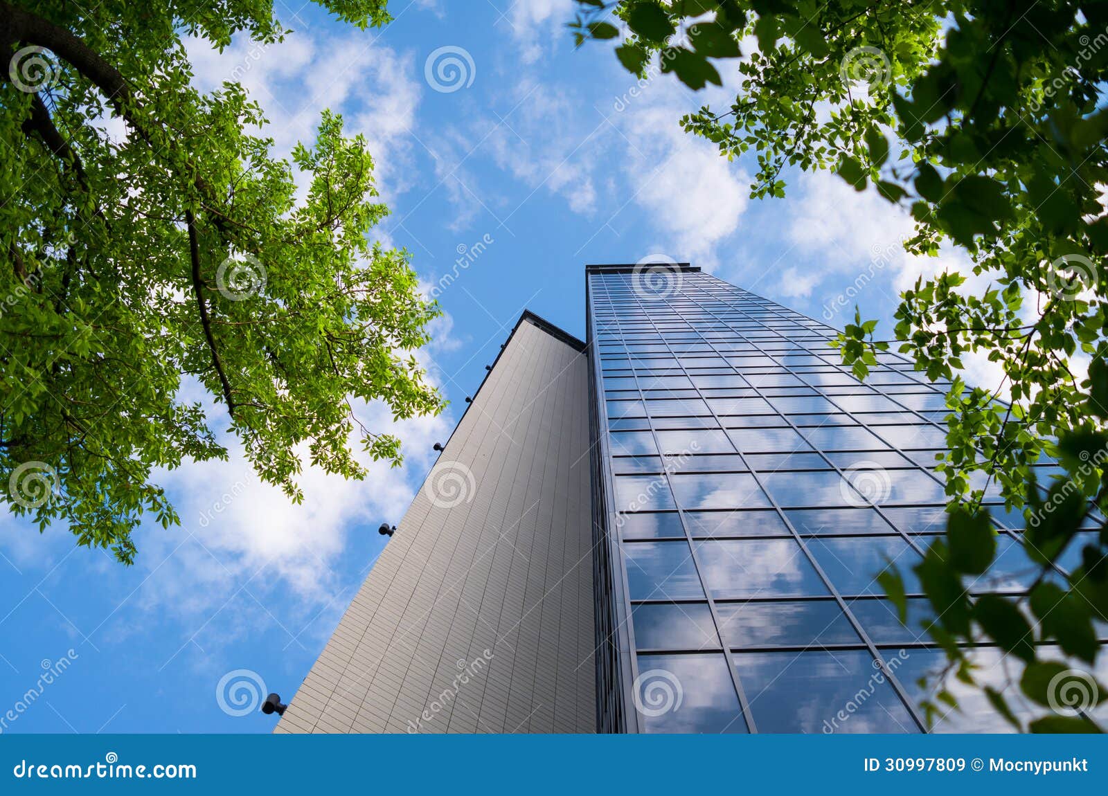 Modern Blue Office with Sky Reflections in Windows Stock Image - Image ...