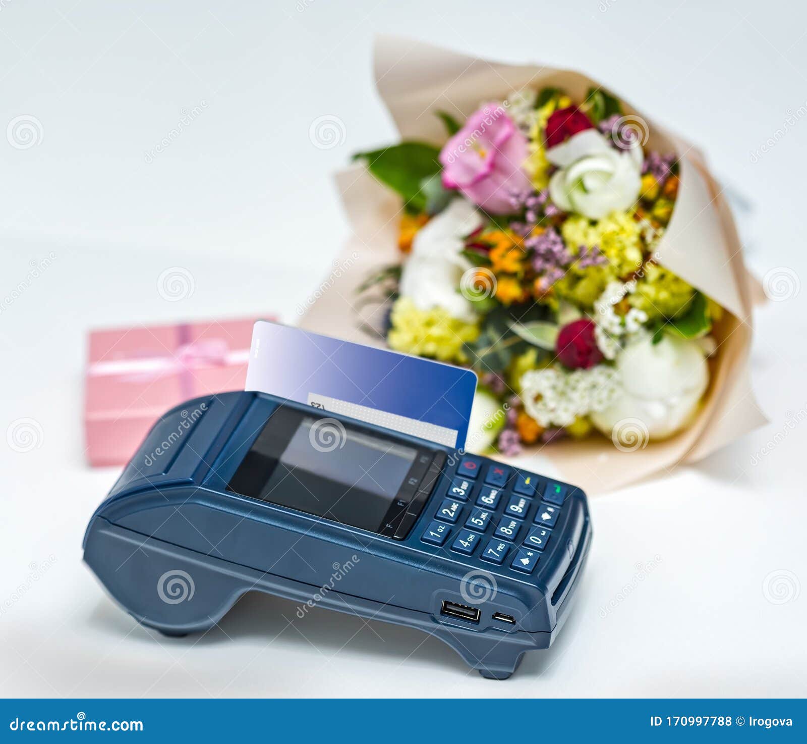 Modern Blue Payment Terminal and Card. Stock Photo - Image of holding ...