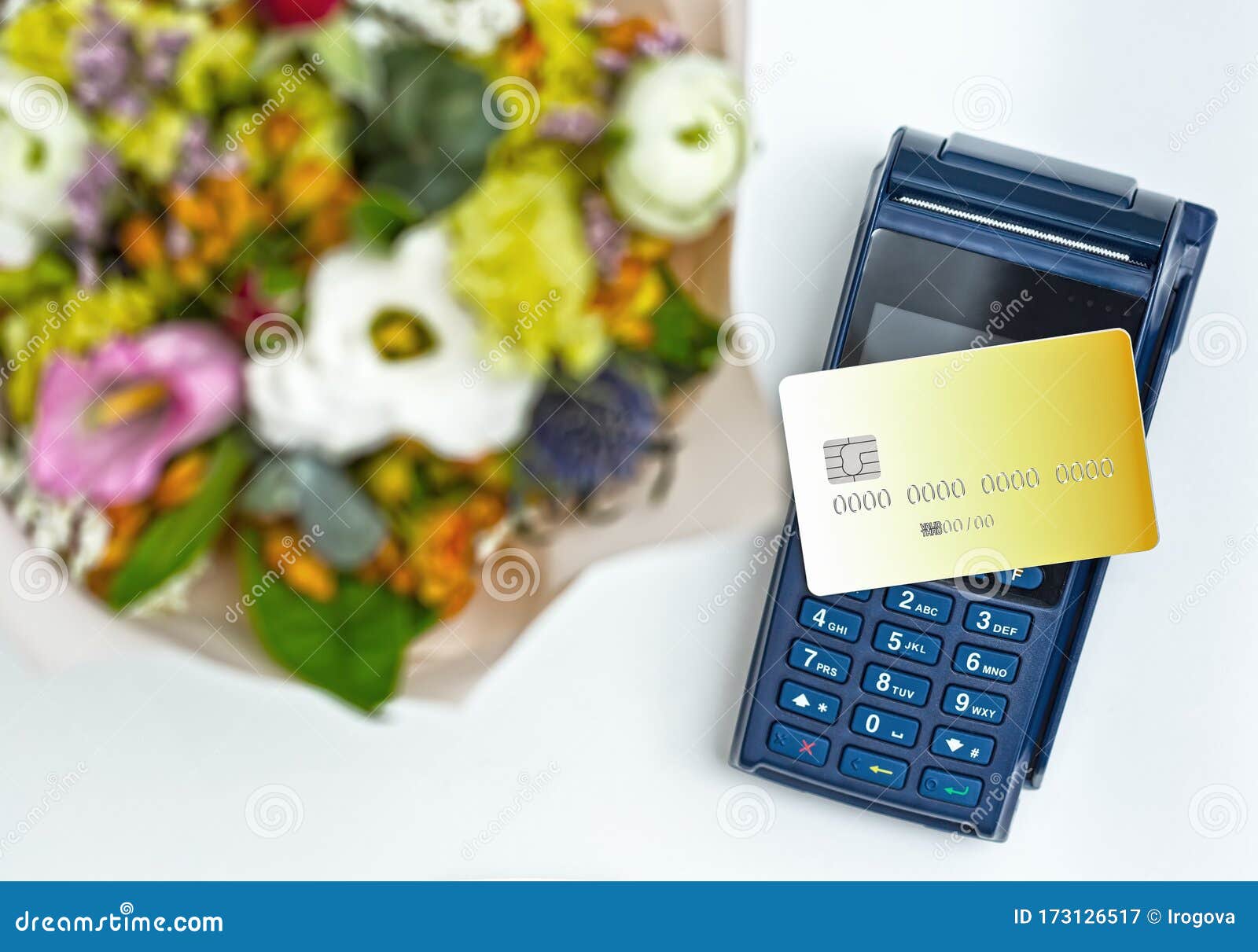 Modern Blue Payment Terminal and Card Stock Image - Image of floral ...