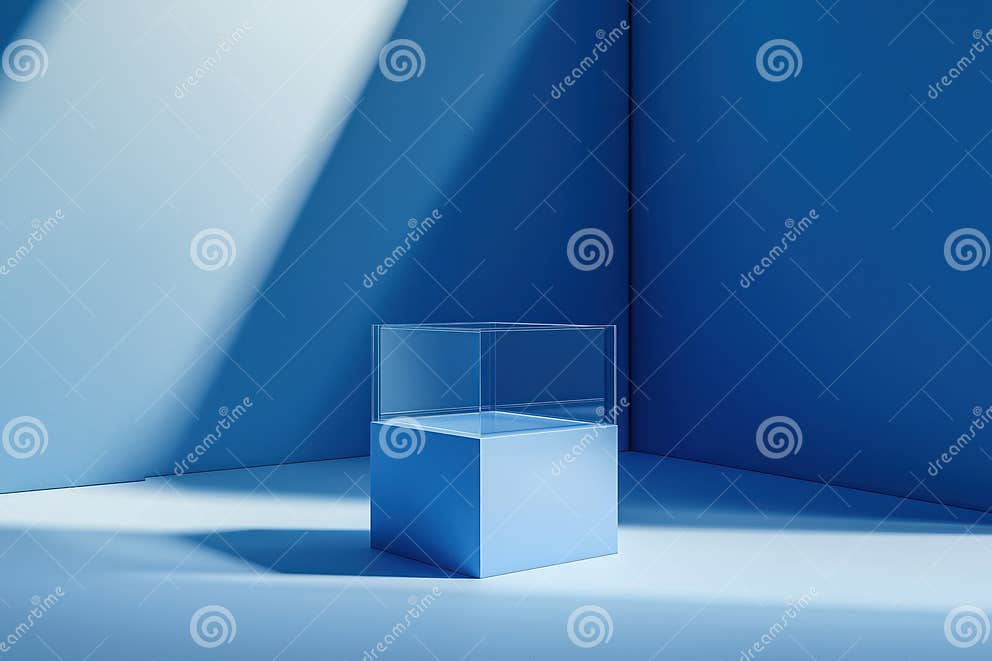Modern Blue Product Display Booth. Empty Glass Showcase Sits on Light Blue Cube. Creative Studio ...