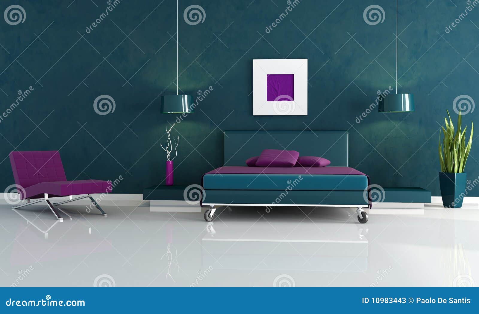 Modern Blue and Purple Bedroom Stock Illustration - Illustration of ...
