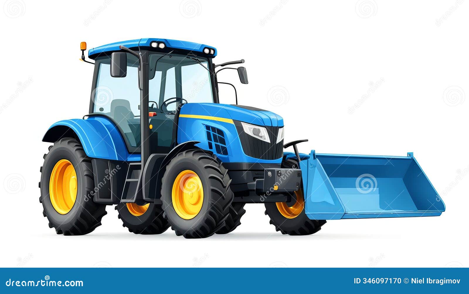 Modern Blue Tractor with Front Loader on White Background Stock Photo ...