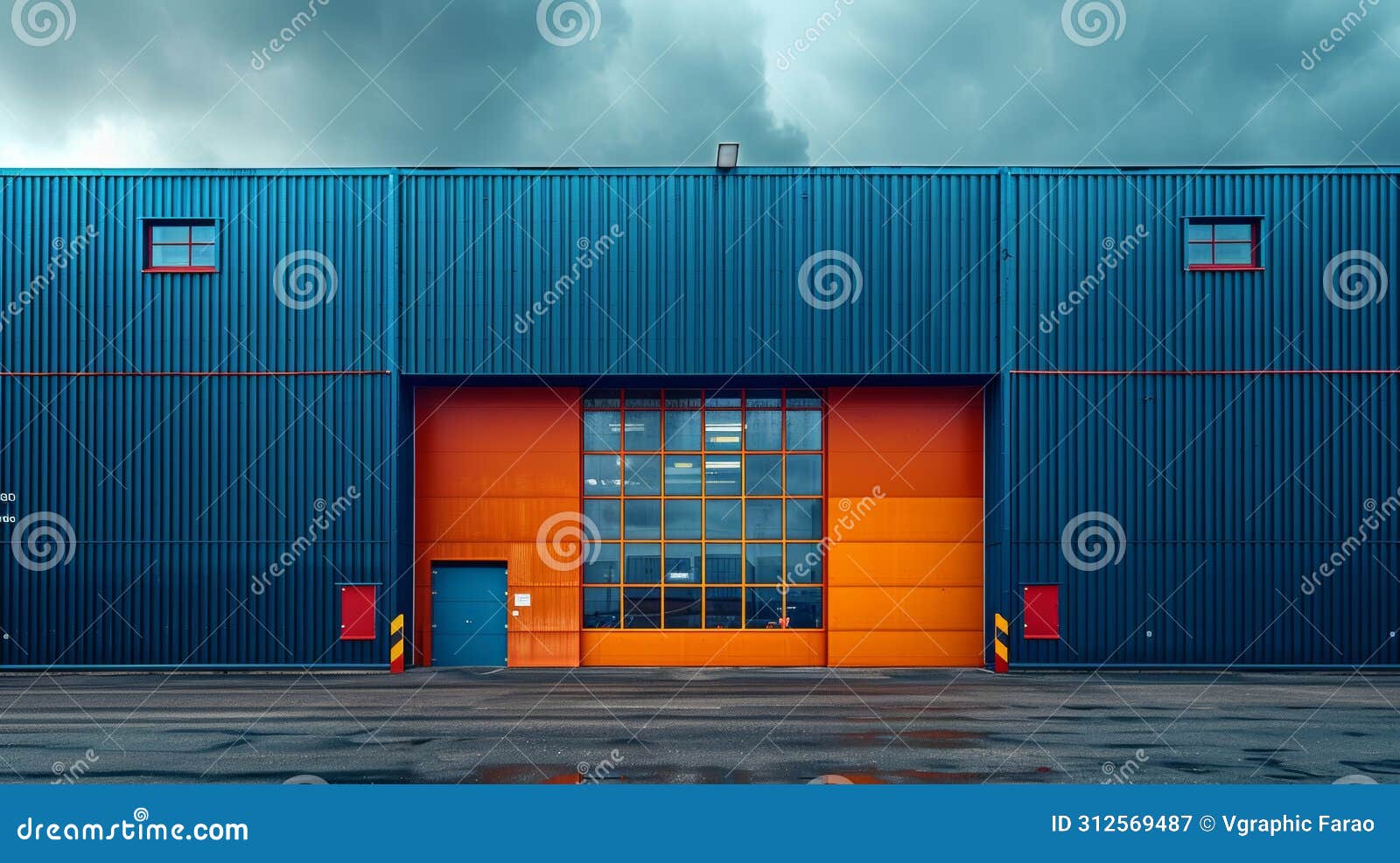Modern Blue Warehouse with Orange Section Stock Image - Image of steel ...