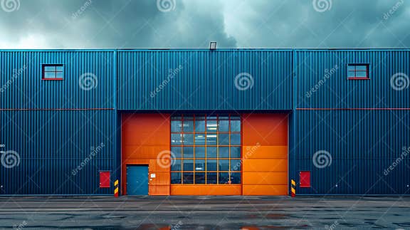 Modern Blue Warehouse with Orange Section Stock Image - Image of steel ...