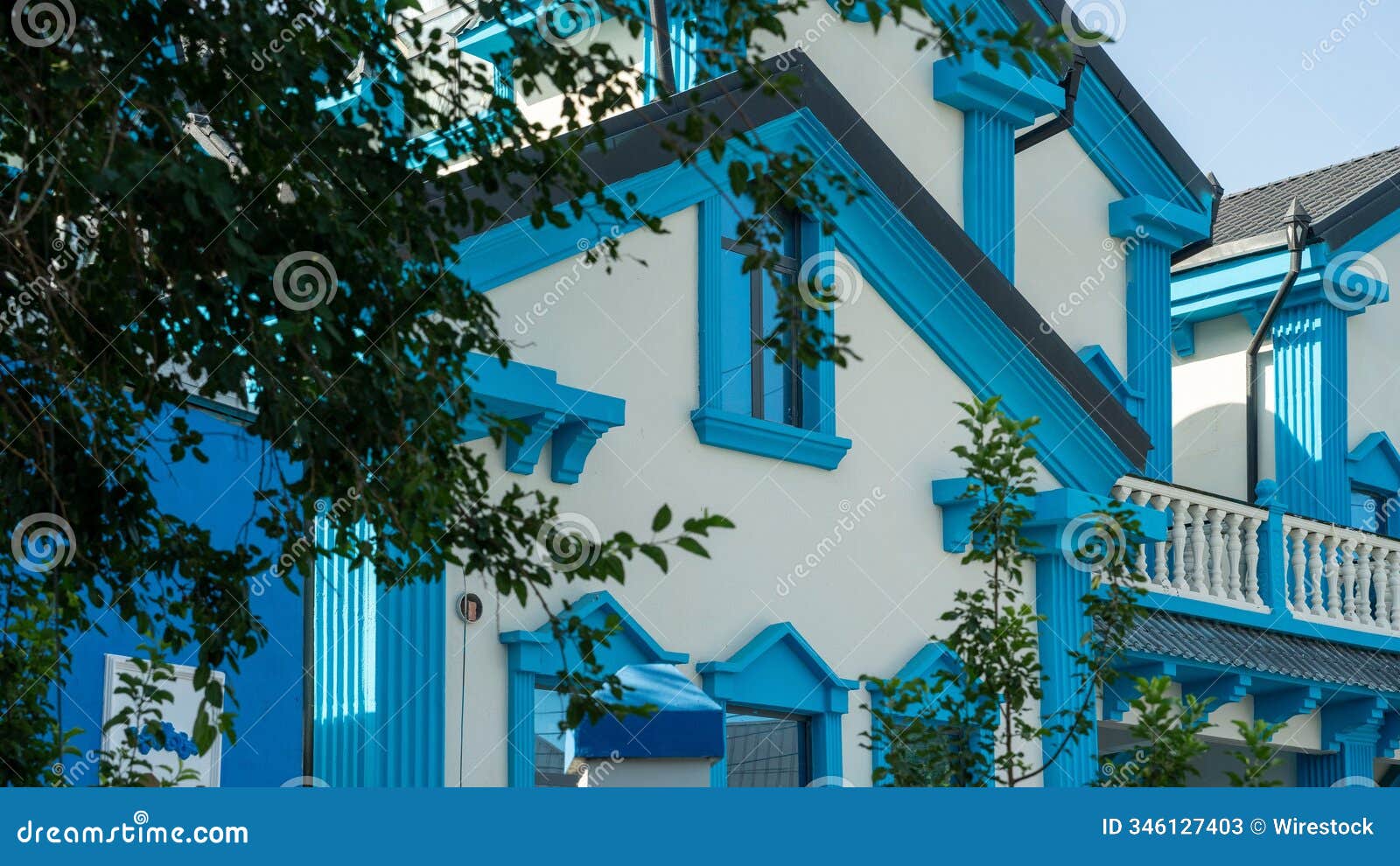Modern Blue and White Building with Decorative Architecture. Stock ...